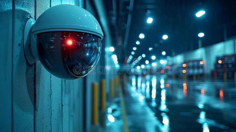 Nighttime Surveillance of a Damp Industrial Facility Captured by a Dome ...