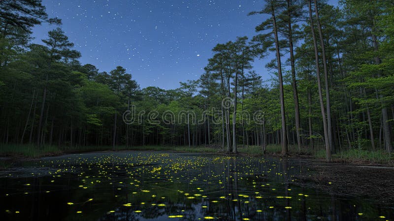 Nighttime Swamp Fireflies Glowing, Stars, Forest Stock Image - Image of ...