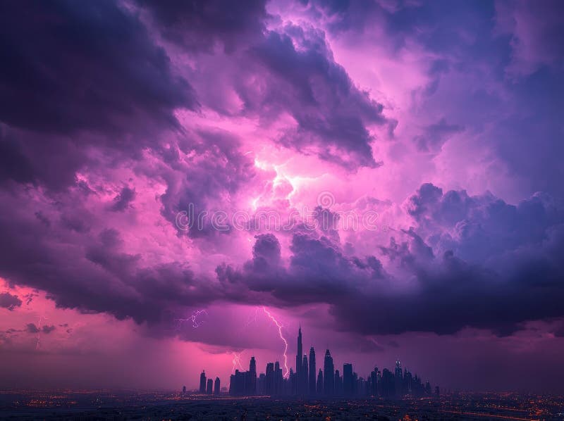 Nighttime Technological Cityscape Engulfed by a Dramatic Lightning ...