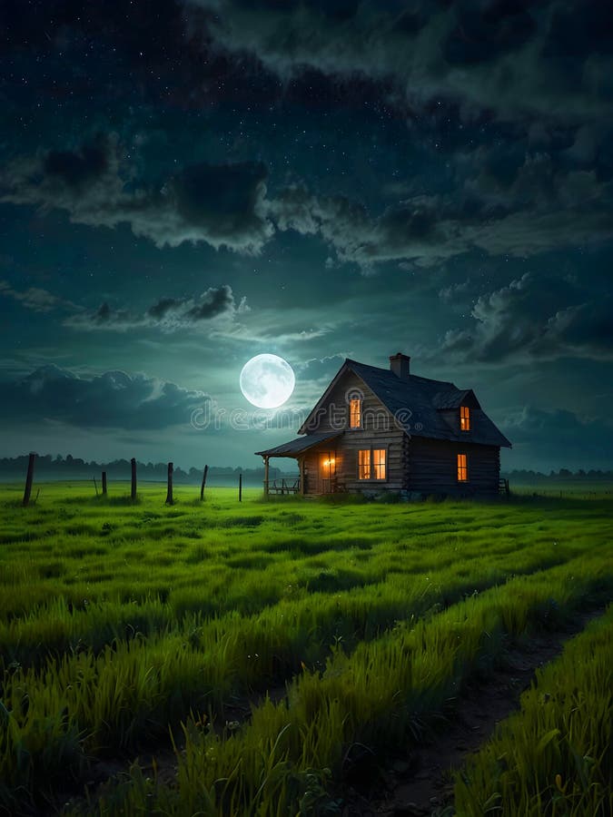 Ai-generated, Nighttime in a 3D House on a Rice Field. Stock ...