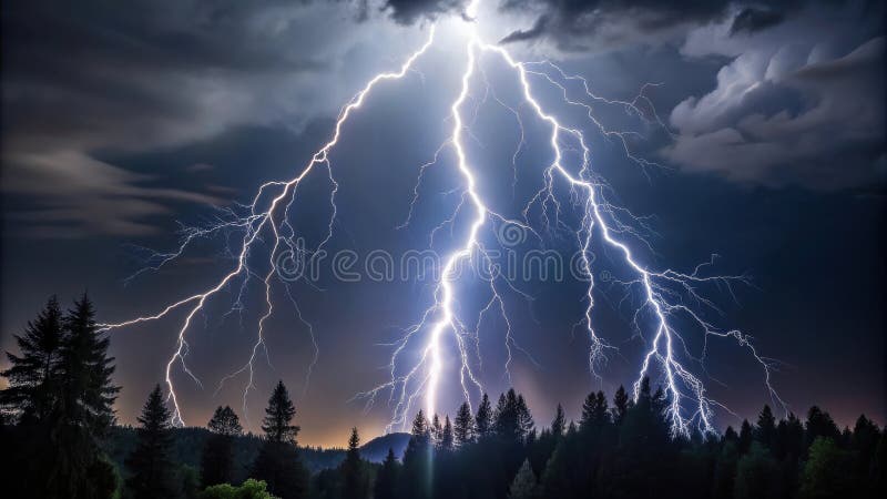Nighttime Thunderstorm with Powerful Lightning Strike Over Silhouetted ...