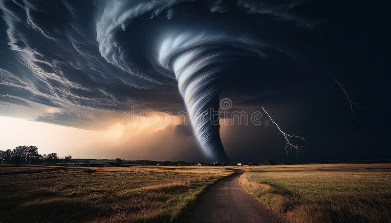 Nighttime Tornado Weaves through Open Fields Under Dark Storm Clouds ...
