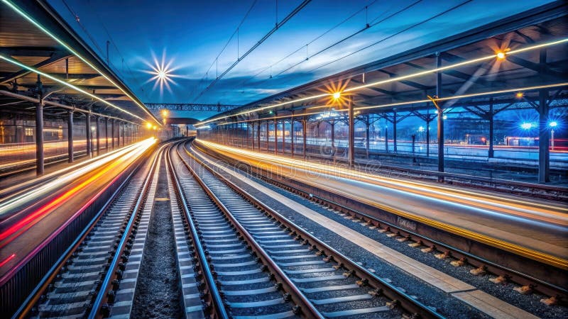 Nighttime Train Station with Illuminated Platforms and Speeding Railway ...