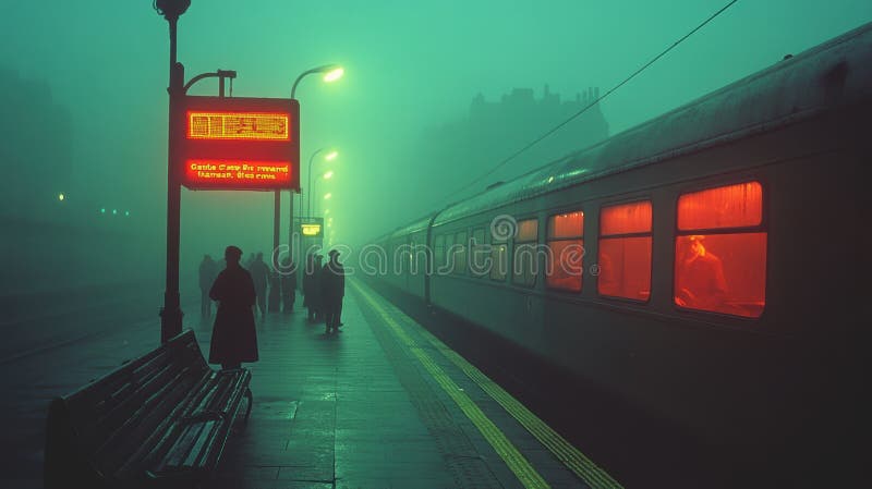 Nighttime Tranquility at a Train Station with Workers and Commuters in ...