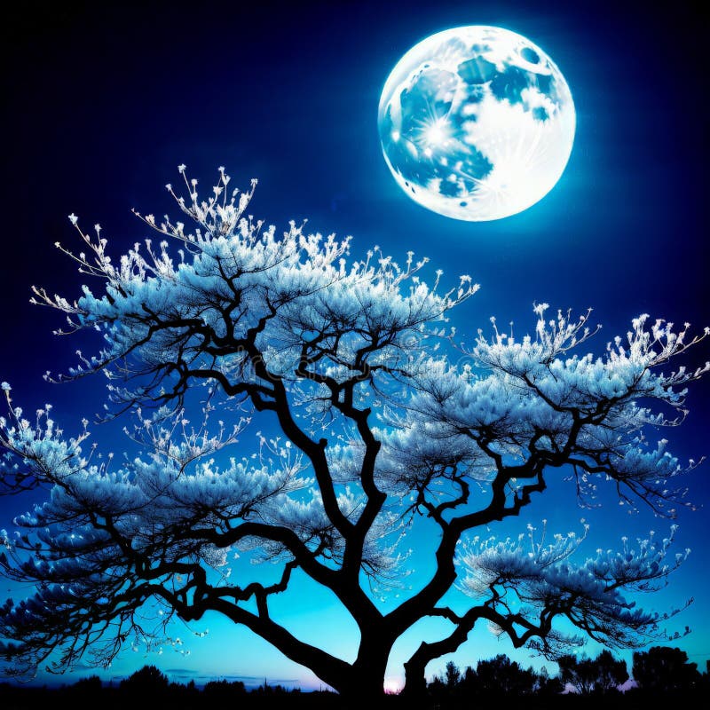 Nighttime Tree Silhouette with Full Moon in Background Stock Image ...