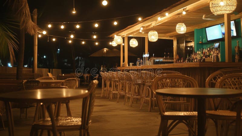 Nighttime Tropical Bar Patio with String Lights Stock Illustration ...