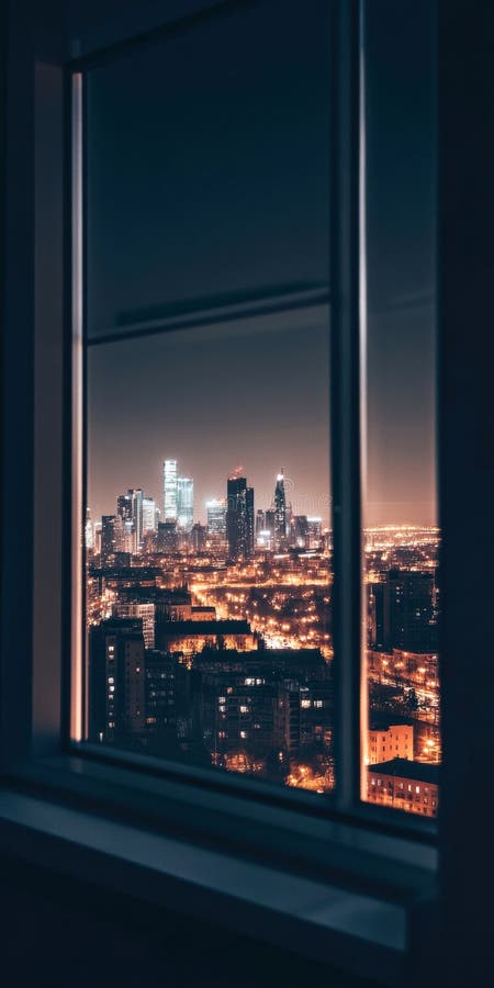 Nighttime Urban Cityscape View through Window with Illuminated Skyline ...