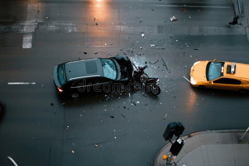 Nighttime Urban Collision: Car and Motorcycle Accident at Intersection ...