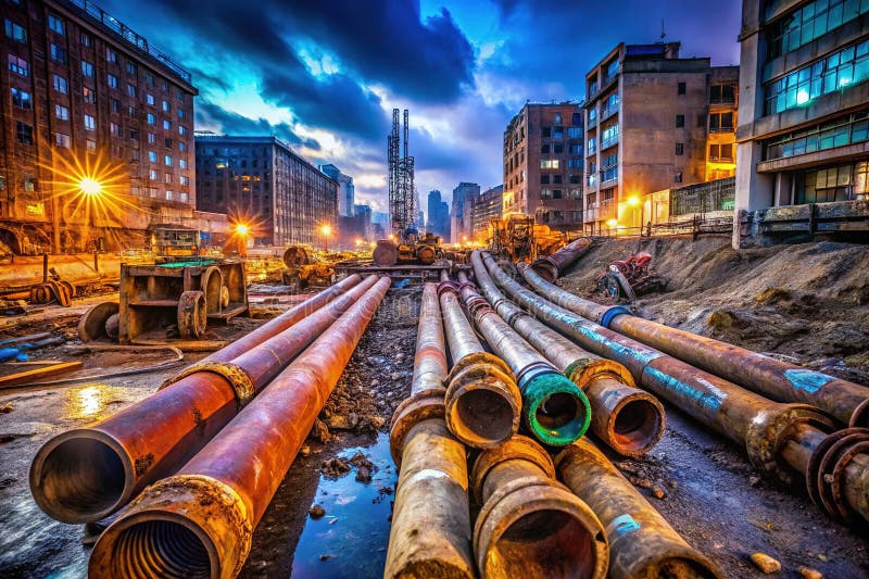 Nighttime Urban Infrastructure Repair Rusty Water Pipes Undergoing ...