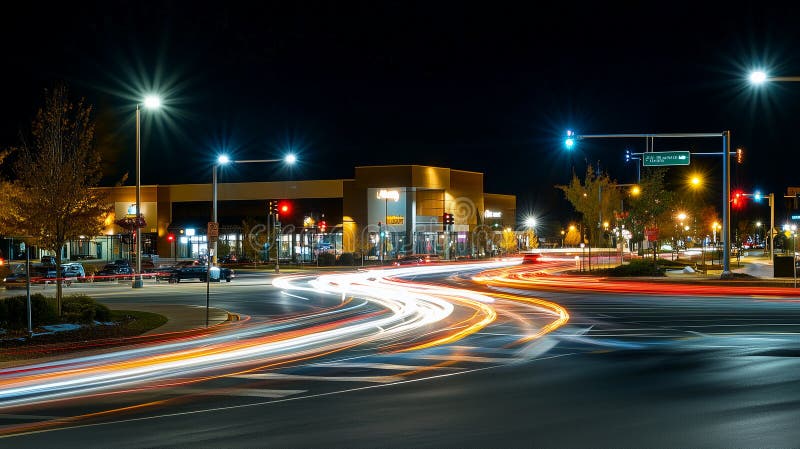 Nighttime Urban Intersection Featuring Light Trails from Vehicles ...