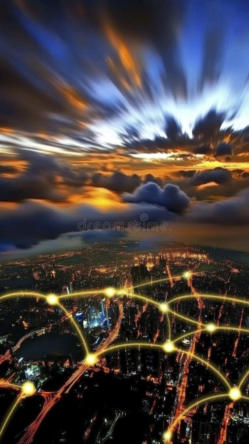 Nighttime Urban Landscape with Luminous Pathways Stock Illustration - Illustration of clouds ...