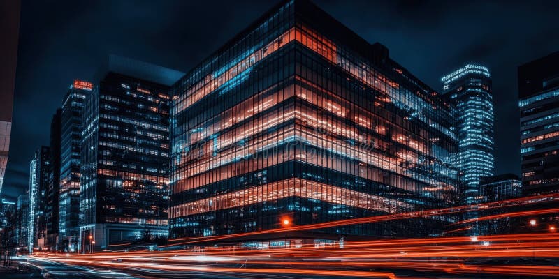 Nighttime Urban Scene Featuring Illuminated Modern Buildings and Light ...