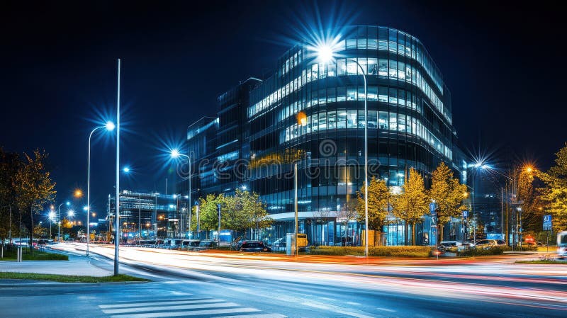 Nighttime Urban Scene Featuring a Modern Office Building and ...
