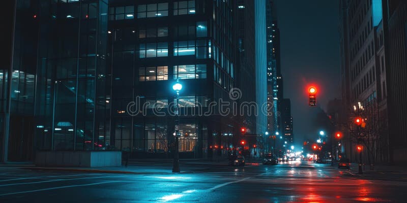 A Nighttime Urban Scene with Illuminated Buildings and Traffic Lights ...