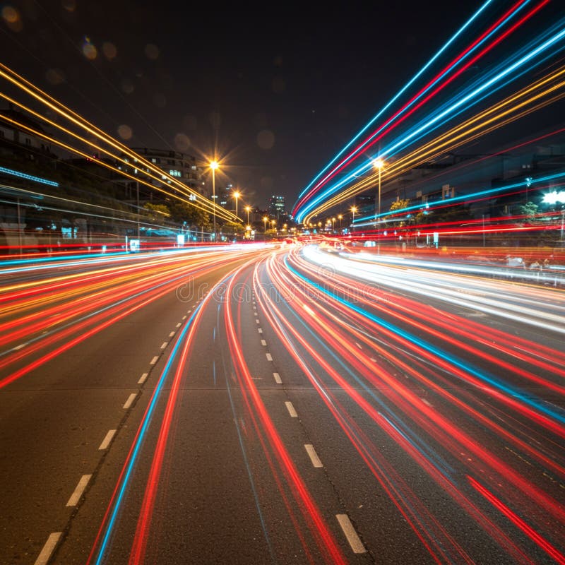 Nighttime Urban Scene with Long Exposure Effect Capturing Light Trails ...
