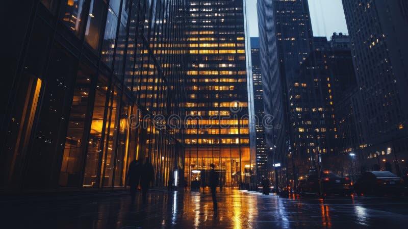 A Nighttime Urban Scene with Reflective Surfaces and Illuminated ...