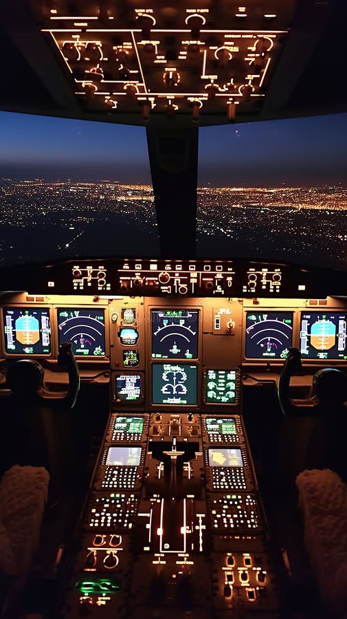 Nighttime View of Airplane Cockpit, Clear Perspective of the Controls ...