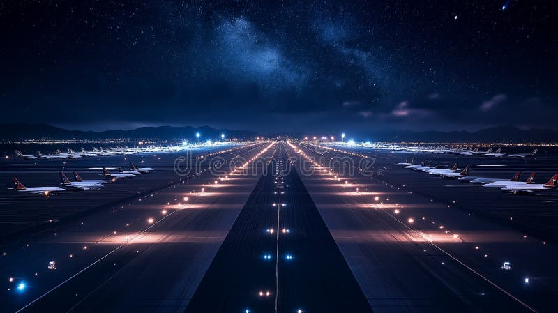 Nighttime View of an Airport Runway with Rows of Jets Lined Up Stock ...
