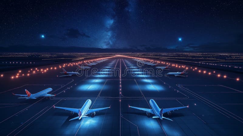 Nighttime View of an Airport Runway with Rows of Jets Lined Up Stock ...