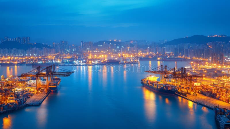 Nighttime View of a Busy Container Port with City Skyline Stock ...