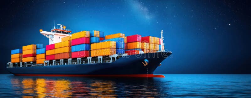 Nighttime View of Cargo Ship Illuminated by Deck Lights on Calm Waters ...