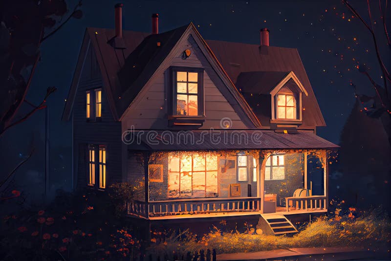 Nighttime View of Cozy House, with Warm Light Shining from the Windows ...