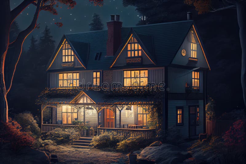 Nighttime View of Cozy House, with Warm Light Shining from the Windows ...