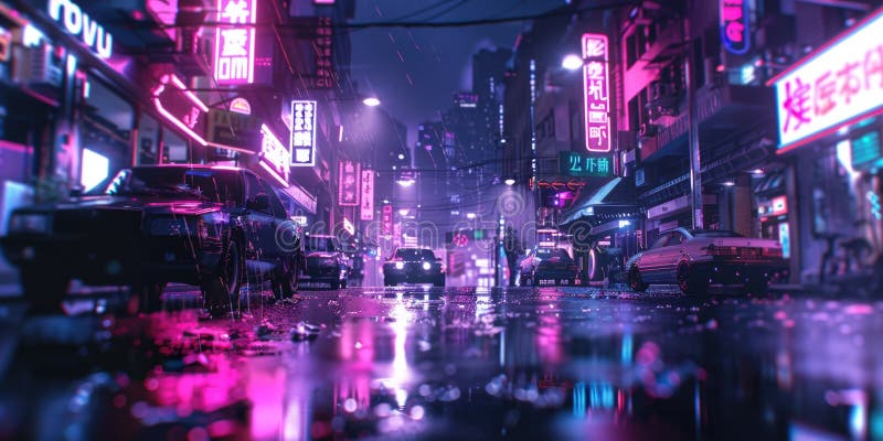 Nighttime View of a Cyberpunk Street with a Neon and Ultraviolet Light ...