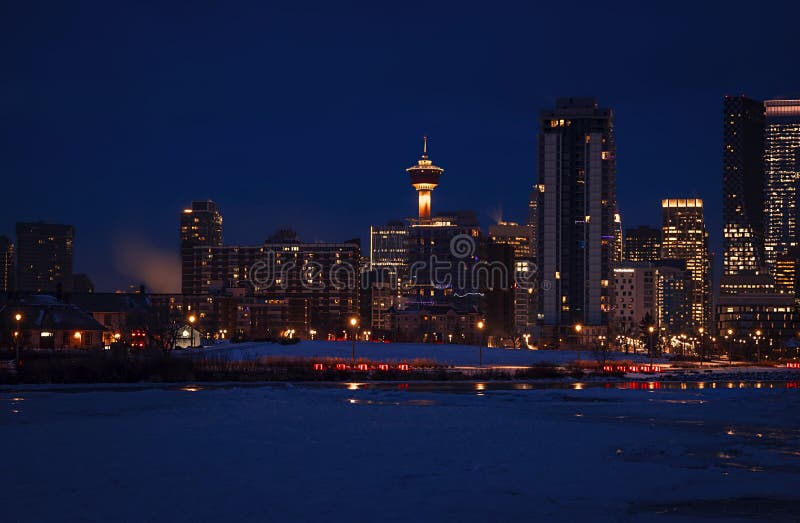Panoramic View of Downtown Calgary at Night in the Winter Stock Photo ...