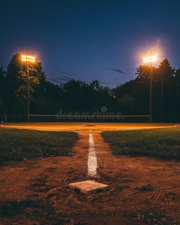 Nighttime View of an Empty Baseball Field, Focusing on Home Plate with ...