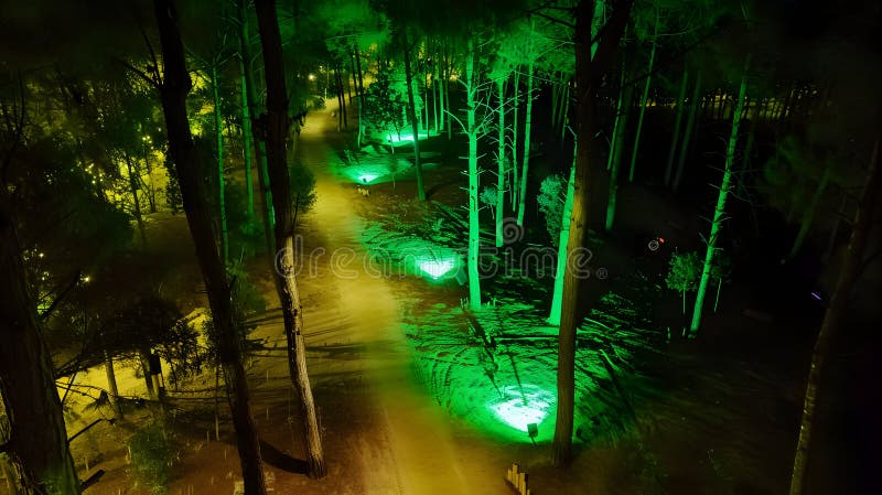 A Nighttime View of a Forest Path Illuminated by Green Lights among ...