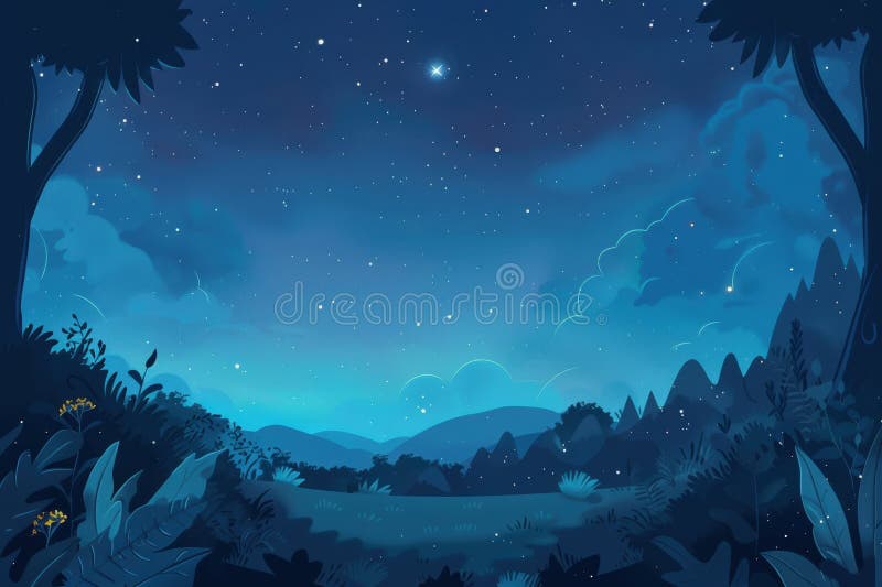 A Nighttime View of a Forest Under a Starry Sky Stock Illustration ...