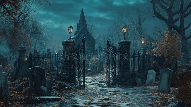 A Nighttime View of a Graveyard with a Church in the Background Stock ...