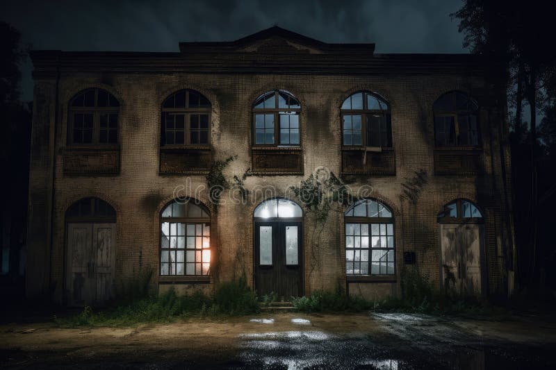 Nighttime View of Haunted Abandoned Building, with Lights Shining ...