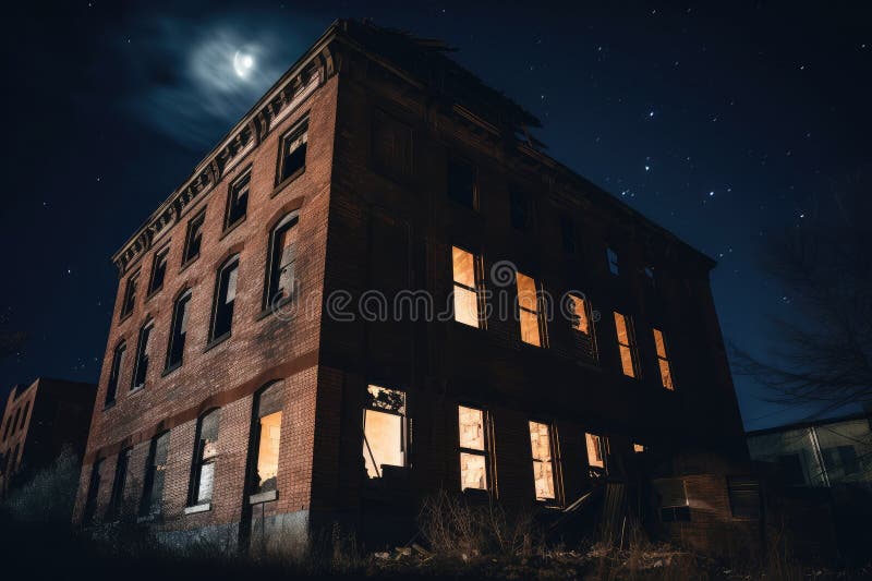 Nighttime View of Haunted Abandoned Building, with the Moon Shining ...