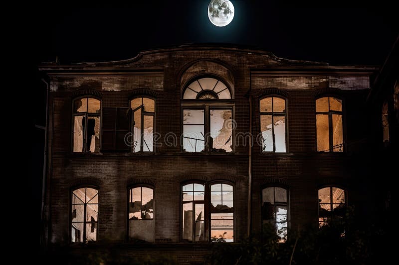 Nighttime View of Haunted Abandoned Building, with the Moon Shining ...