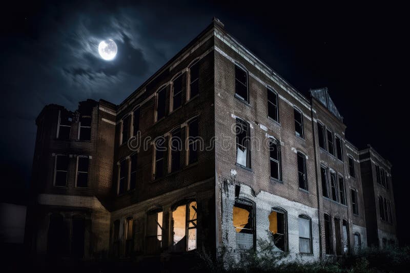 Nighttime View of Haunted Abandoned Building, with the Moon Shining ...