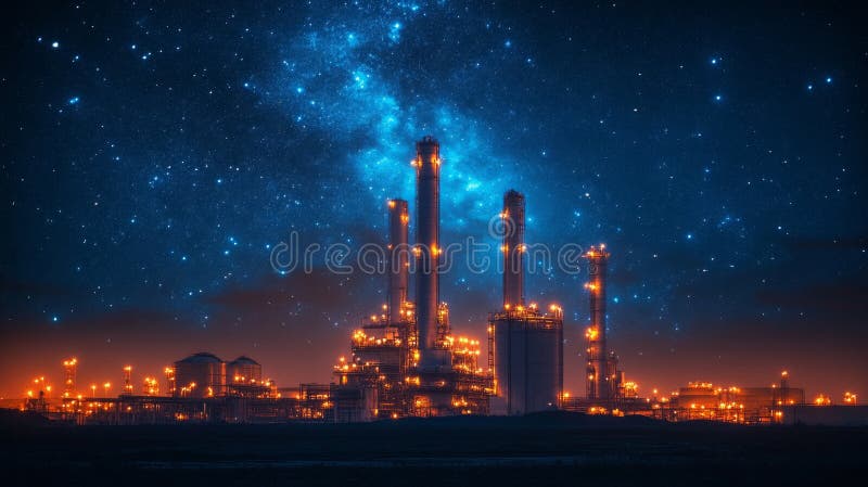 Nighttime View of an Illuminated Power Plant with a Starry Sky in the ...