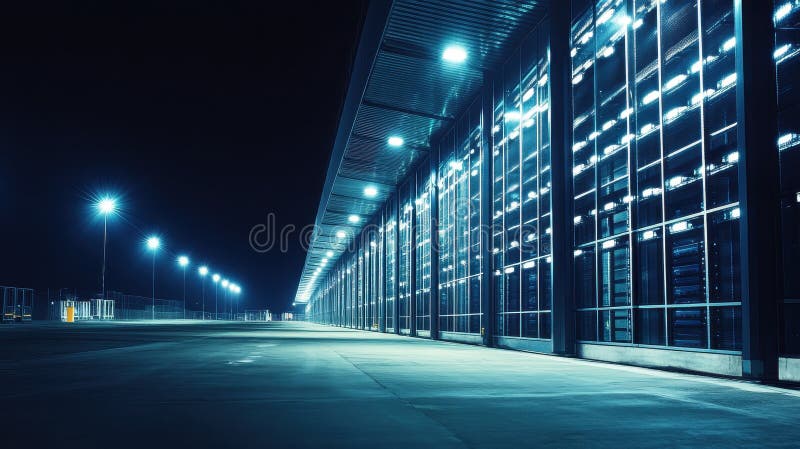 A Nighttime View of an Industrial Building with Illuminated Windows and ...
