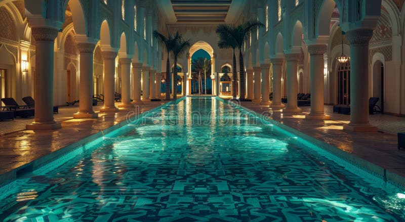 Nighttime View of a Long, Decorative Pool in a Moroccan-Style Courtyard ...