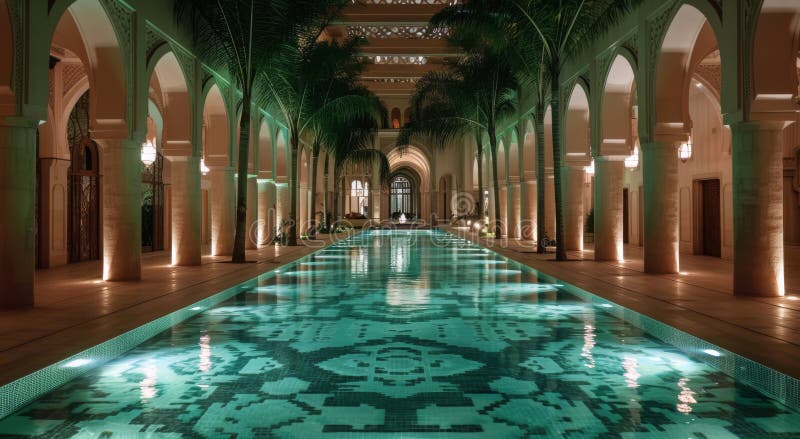 Nighttime View of a Long, Decorative Pool in a Moroccan-Style Courtyard ...