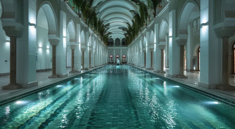Nighttime View of a Long, Decorative Pool in a Moroccan-Style Courtyard ...