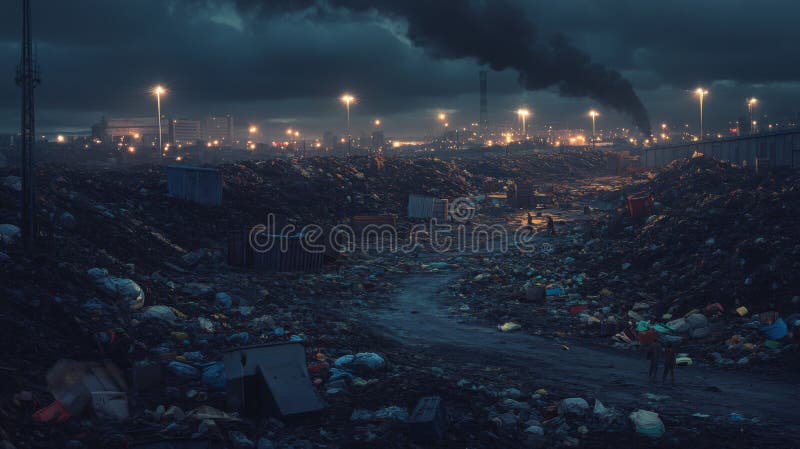 A Nighttime View of a Massive Landfill with a City Skyline in the ...