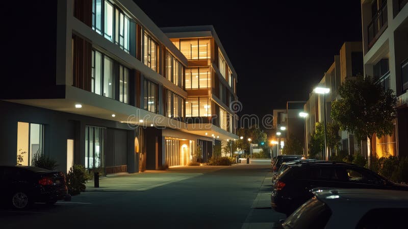 Nighttime View of a Modern Building Complex with Illuminated Pathways ...