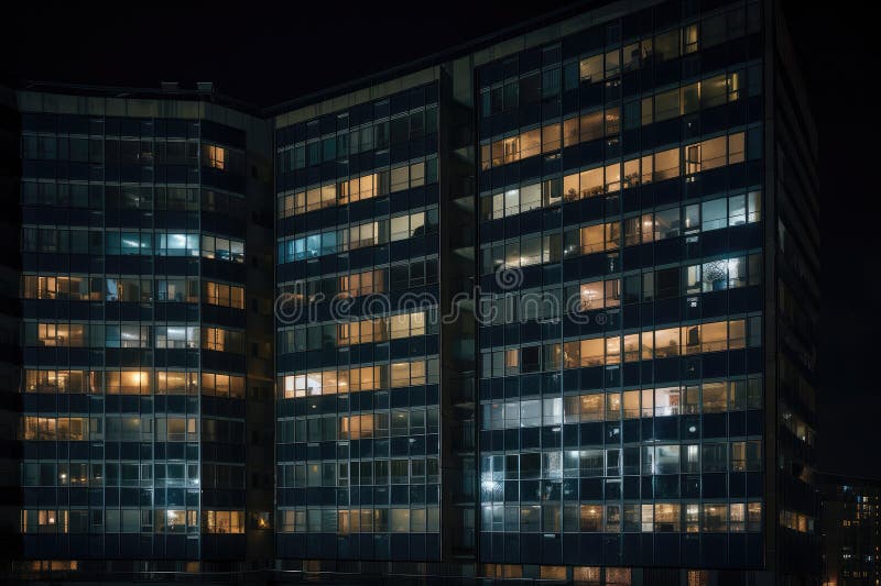 Nighttime View of Modern High-rise with Lighting and Reflections on the ...