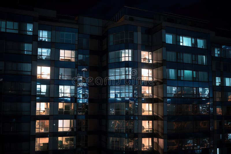 Nighttime View of Modern High-rise with Lighting and Reflections on the ...