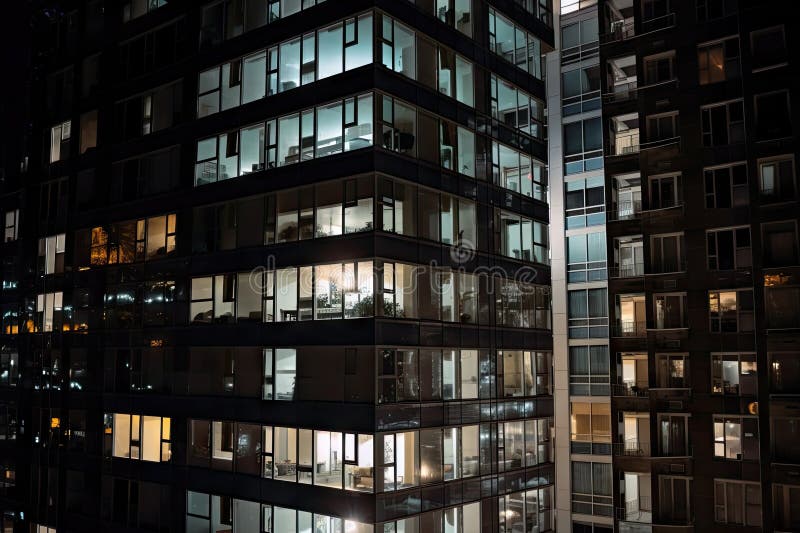 Nighttime View of Modern High-rise with Lighting and Reflections on the ...