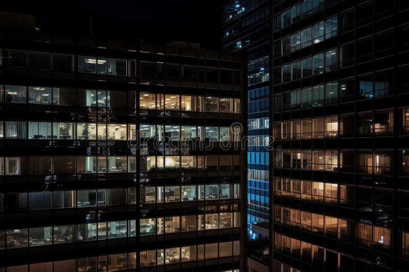 Nighttime View of Modern High-rise with Lighting and Reflections on the ...