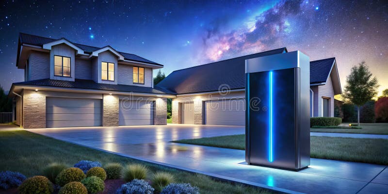 Nighttime View of a Modern Home with Energy Storage Unit. Generative AI ...
