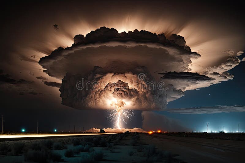 Nighttime View of Nuclear Blast, with Streaks of Lightning Illuminating ...